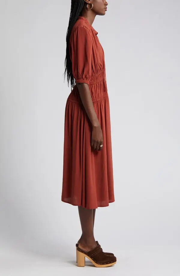 Treasure & Bond Split Neck Smock Waist Midi Dress