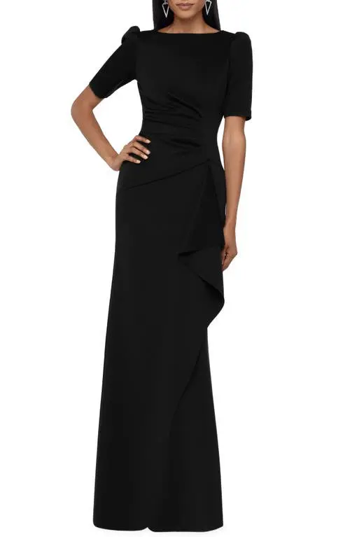 XSCAPE EVENINGS Ruffle Puff Sleeve Gown - Black
