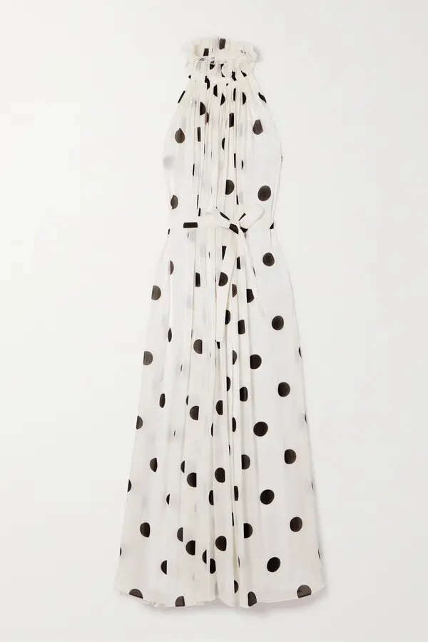 Halpern Open-back Ruffled Bow-detailed Polka-dot Crepon Halterneck Midi Dress - White