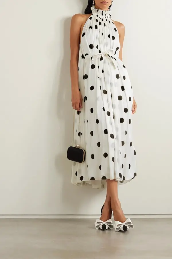 Halpern Open-back Ruffled Bow-detailed Polka-dot Crepon Halterneck Midi Dress