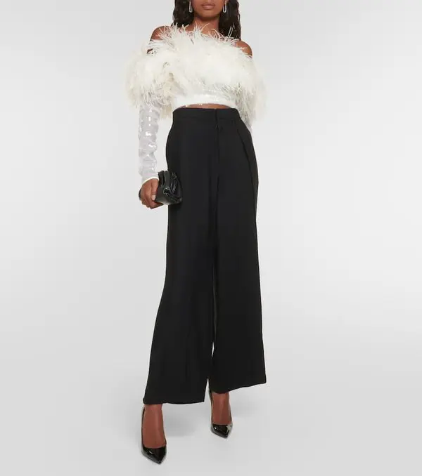 David Koma Sequined Feather-trimmed Crop Top