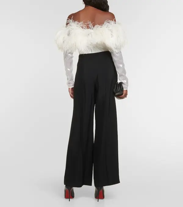 David Koma Sequined Feather-trimmed Crop Top