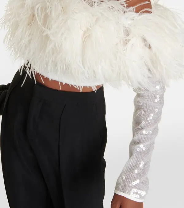 David Koma Sequined Feather-trimmed Crop Top