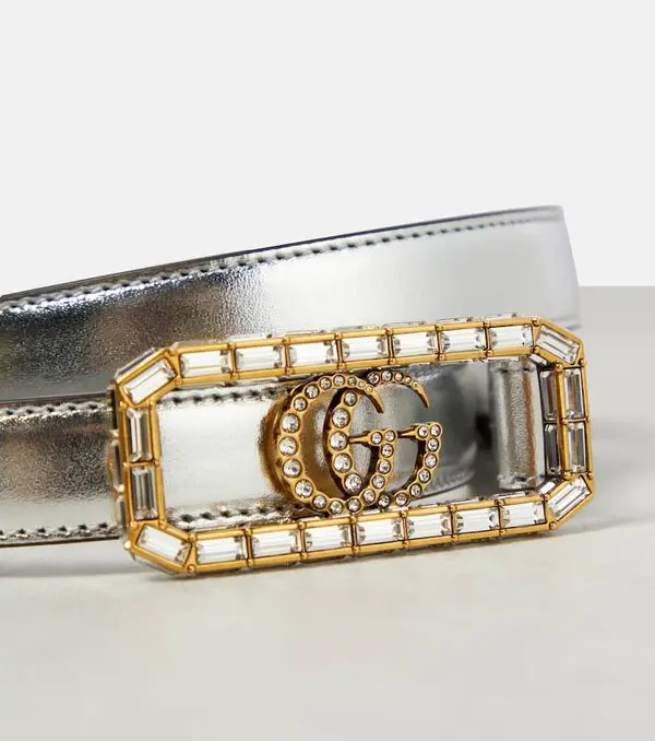 Gucci Metallic Silver Leather Belt Double G Buckle 763389 95/38” Gucci Double G Silver Buckle Textured Leather Belt 1.5 Width  main image 3