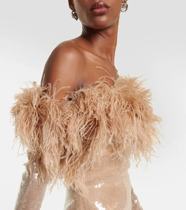 beige feather dress LAPOINTE Satin Cape Dress With Feathers