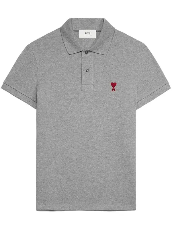 AMI Paris Logo-embroidered Cotton Polo Shirt - Grey
