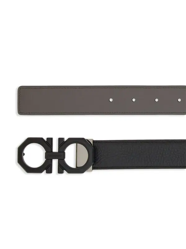 FERRAGAMO Logo Buckle Leather Belt - Grey