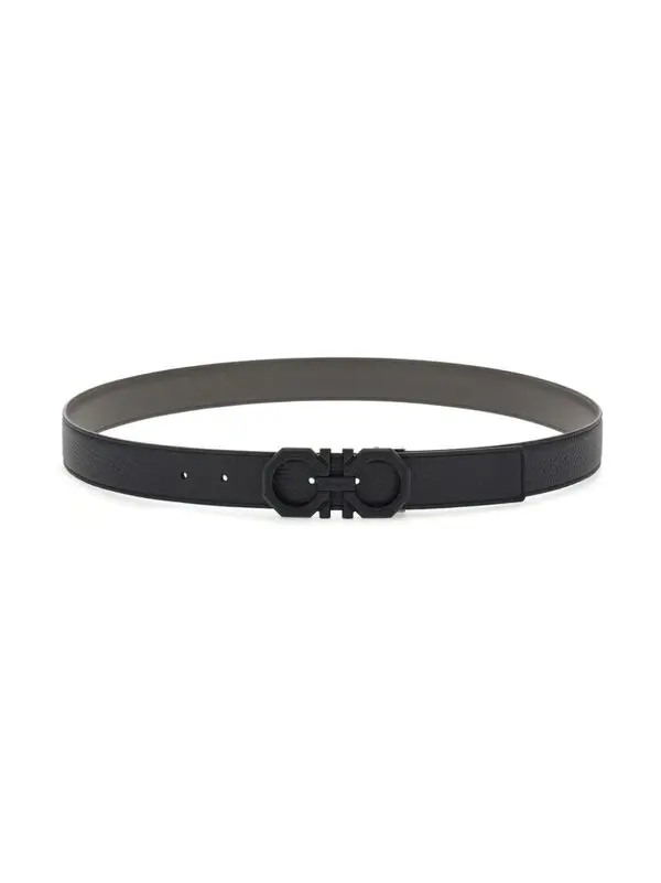FERRAGAMO Logo Buckle Leather Belt - Grey