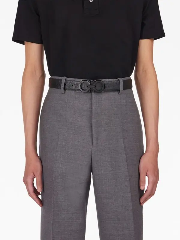 FERRAGAMO Logo Buckle Leather Belt - Grey