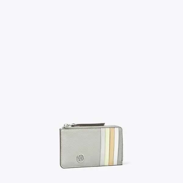 Tory Burch Robinson Pebbled Top-zip Card Case - Light Granite