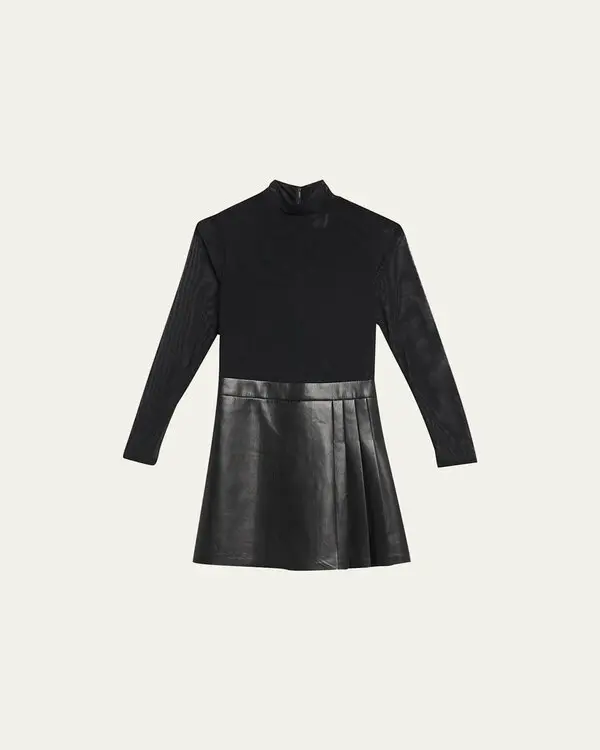 Alice + Olivia Chara Long-sleeve Vegan Leather Pleated Mini Dress