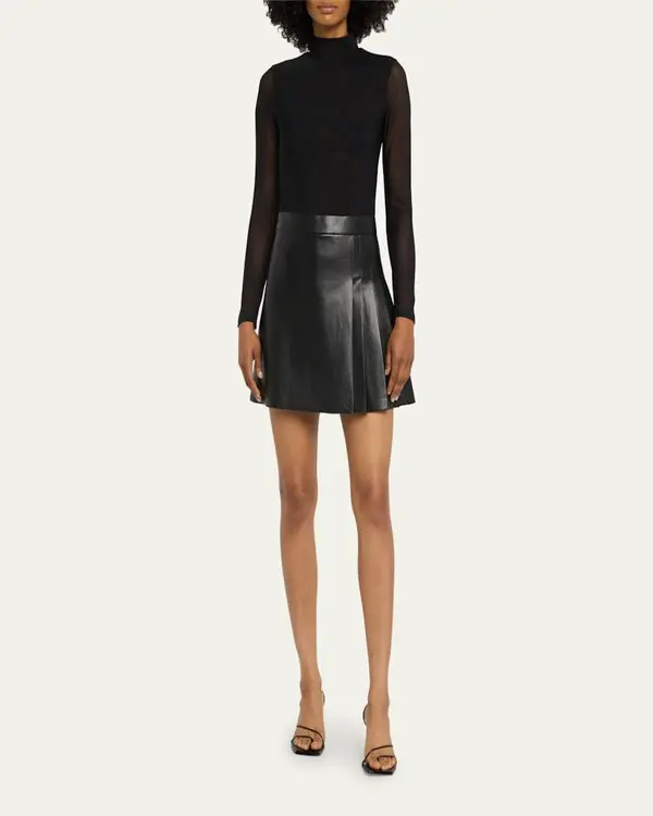 Alice + Olivia Chara Long-sleeve Vegan Leather Pleated Mini Dress