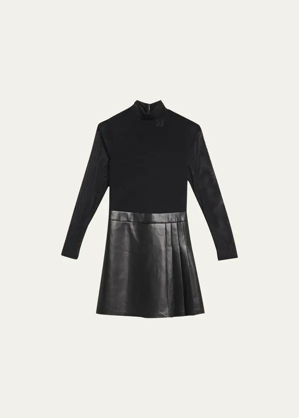 Alice + Olivia Chara Long-sleeve Vegan Leather Pleated Mini Dress