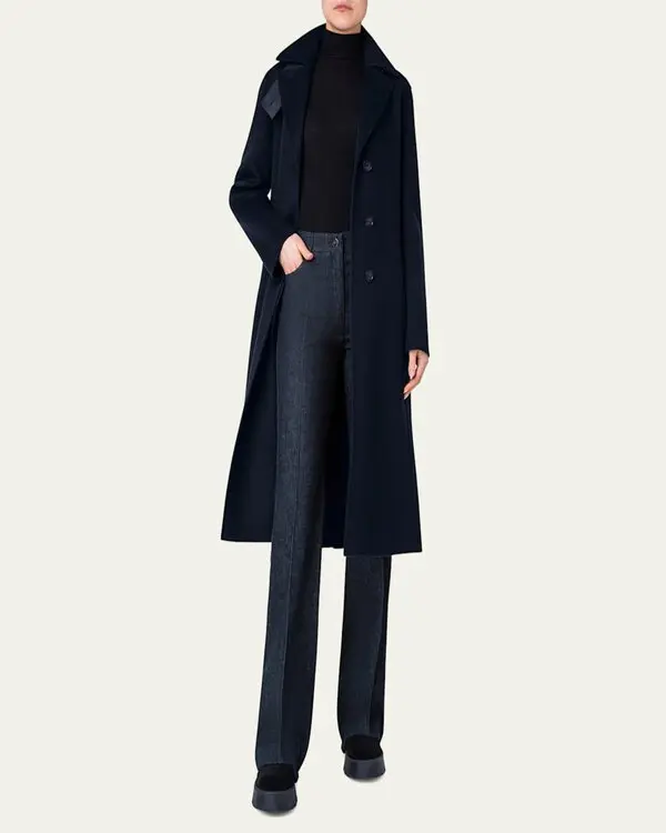 Akris Leather Collar Cashmere Coat - Navy