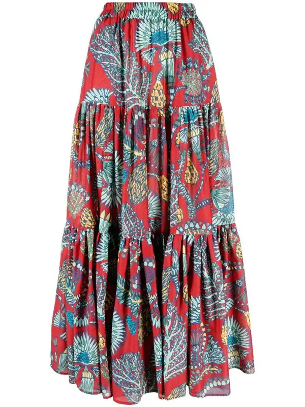 La DoubleJ Big Floral-print Tiered Skirt - Red