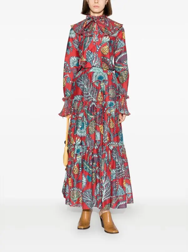 La DoubleJ Big Floral-print Tiered Skirt - Red