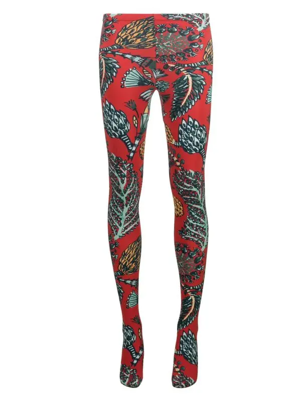 La DoubleJ Mid-waist Leaf-print Tights - Red