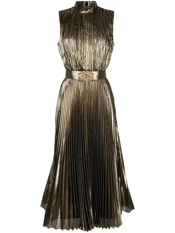 Andrew Gn Jewel Belted Pleated Midi Dress In Gold - 25% Off | Editorialist