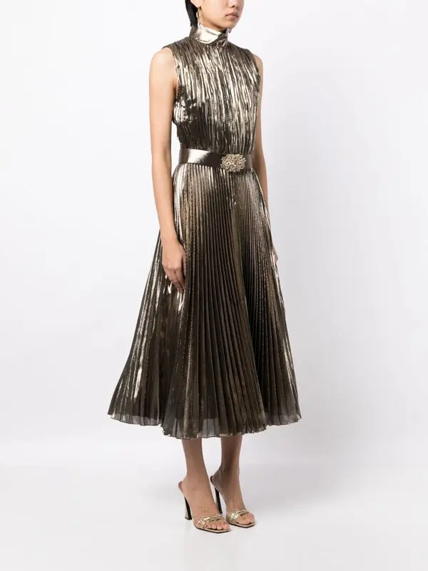 gold strapless bridesmaid dress Hyacinth House Mixed Media Leather Pleated Ozzy Midi Dress Navy Mixed Media / L