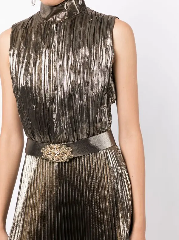 Andrew Gn Jewel Belted Pleated Midi Dress In Gold - 25% Off | Editorialist