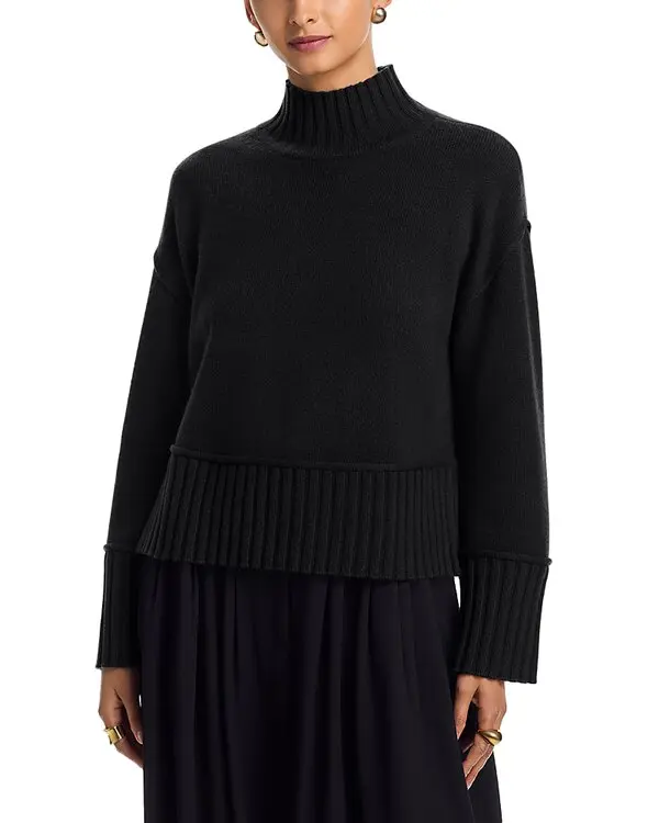Aqua 100% Cashmere Boxy Mock Neck Sweater - Black