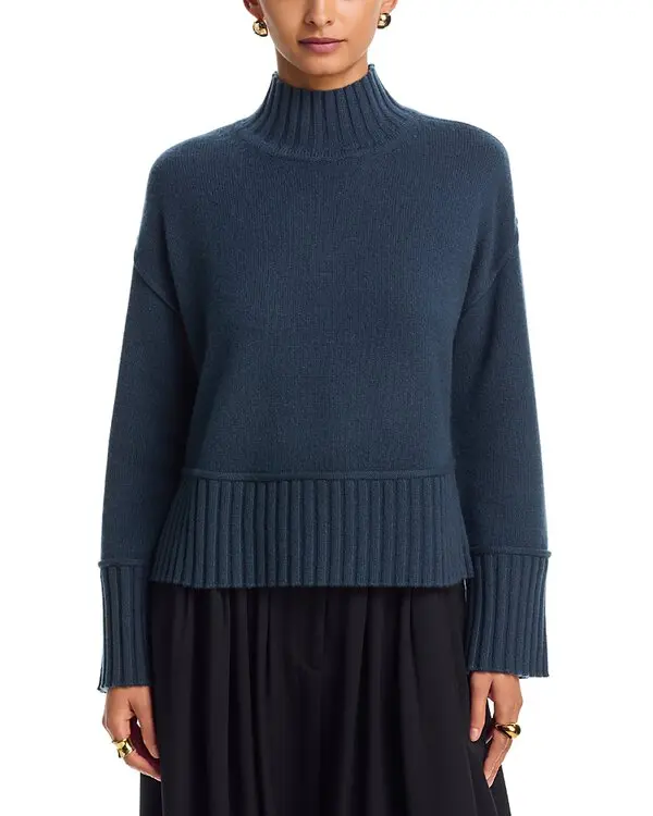 Aqua 100% Cashmere Boxy Mock Neck Sweater - Midnight Forest