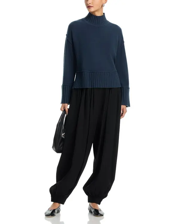 Aqua 100% Cashmere Boxy Mock Neck Sweater - Midnight Forest