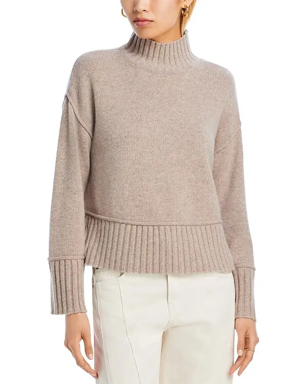 Aqua 100% Cashmere Boxy Mock Neck Sweater - Wheat