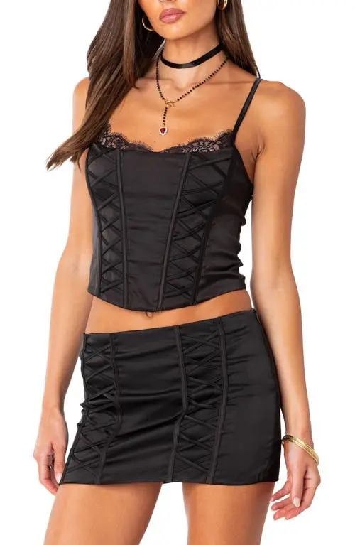 EDIKTED Lilith Lace Trim Satin Corset - Black