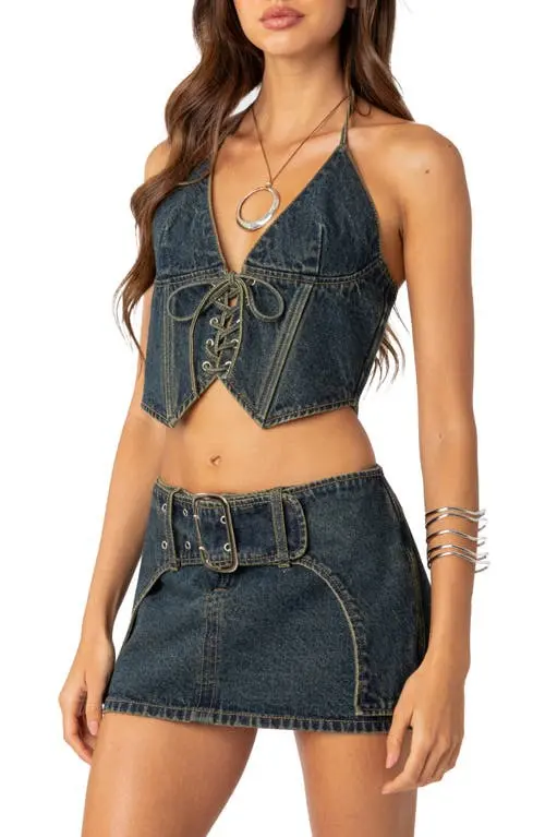 EDIKTED Elara Lace-up Denim Corset Halter Top