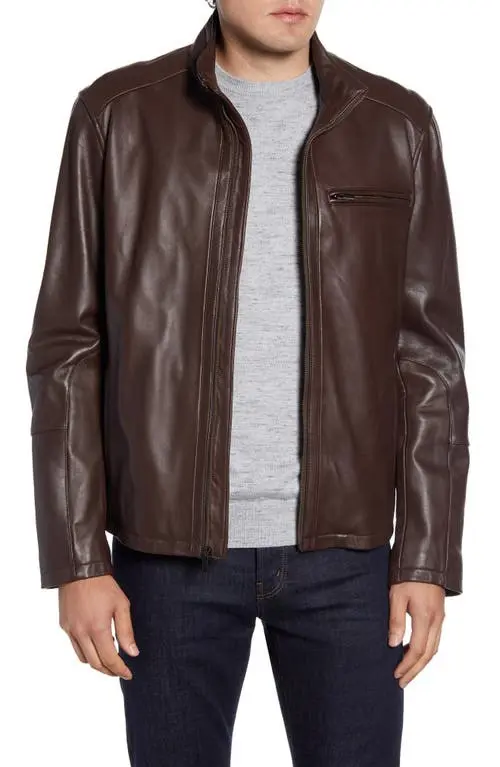 Cole Haan Lambskin Leather Moto Jacket - Java