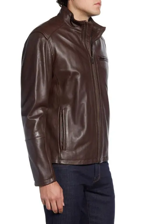 Cole Haan Lambskin Leather Moto Jacket - Java