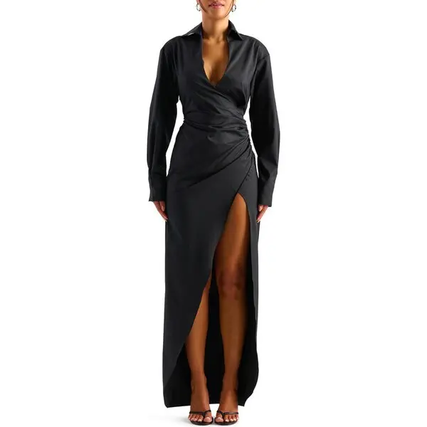 Naked Wardrobe Long Sleeve Faux Wrap Dress In Black - 35% Off | Editorialist