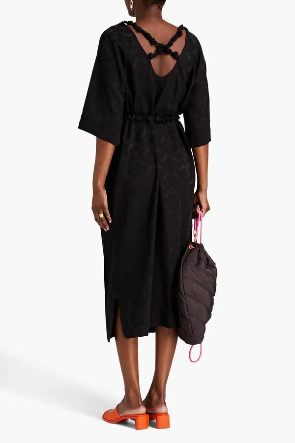 GANNI Belted Satin-jacquard Midi Dress