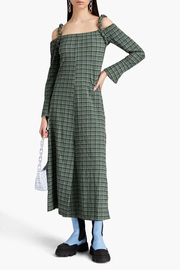 Ganni Cold-Shoulder Checked Seersucker Midi Dress In Green - 85% Off |  Editorialist