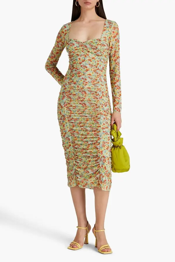 Ganni Ruched Floral-Print Stretch-Mesh Midi Dress In Leaf Green - 85% Off |  Editorialist