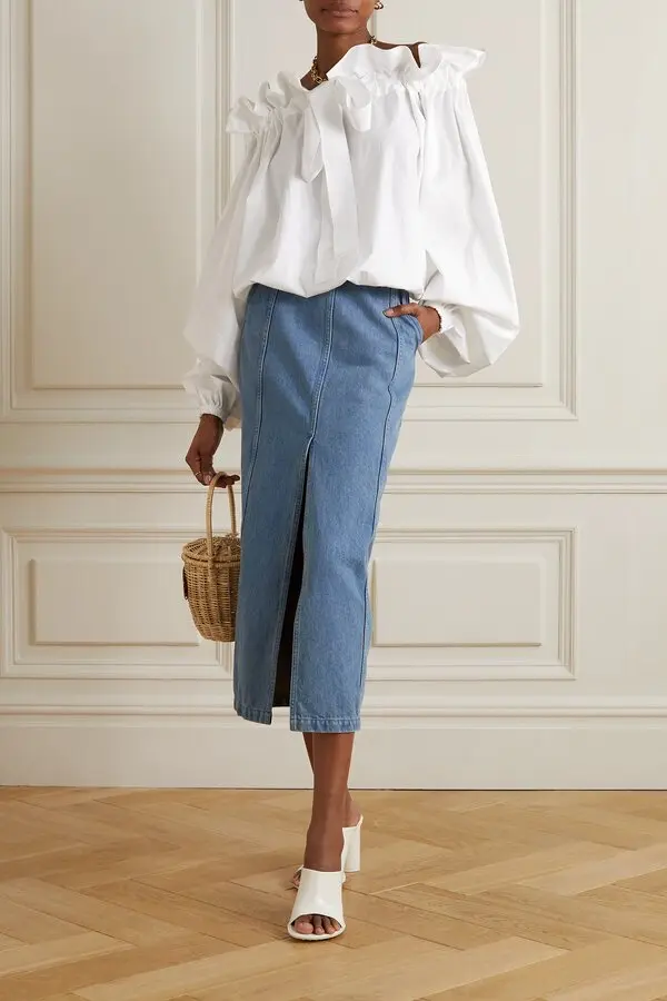 PATOU Grosgrain-trimmed Ruffled Cotton-poplin Blouse - White