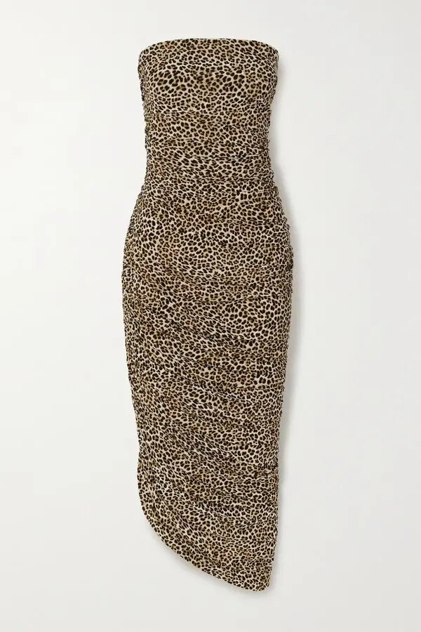 Norma Kamali Diana Strapless Ruched Leopard-print Midi Dress