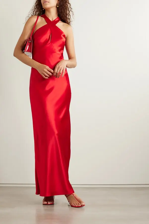 Galvan Net Sustain Evelyn Cutout Satin Halterneck Maxi Dress