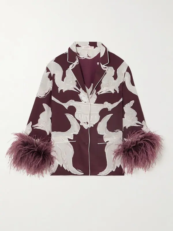 Valentino Garavani Feather-trimmed Printed Silk Crepe De Chine Shirt - Burgundy