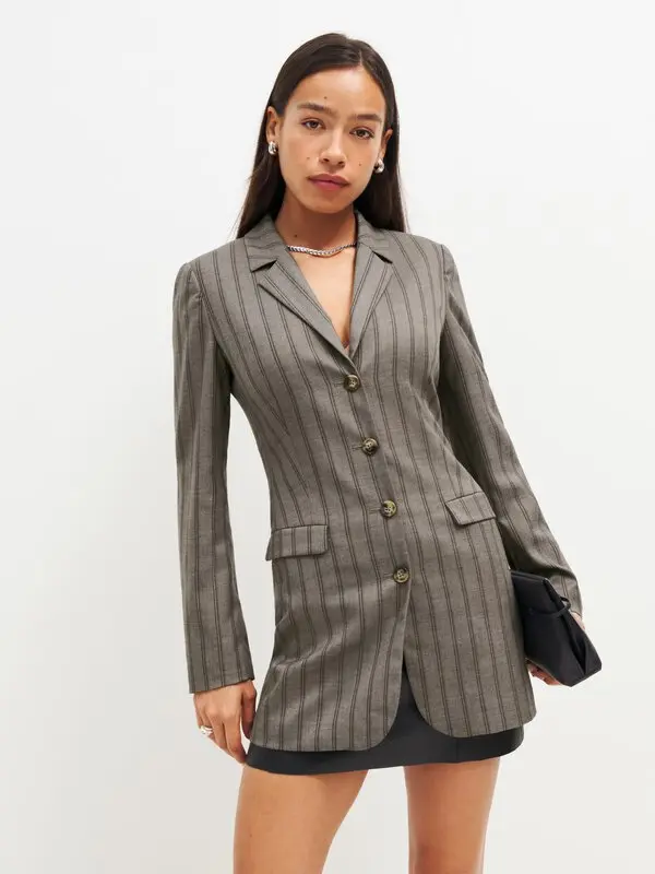 Reformation Jacques Long Fitted Blazer In Grey Pinstripe 70% Off