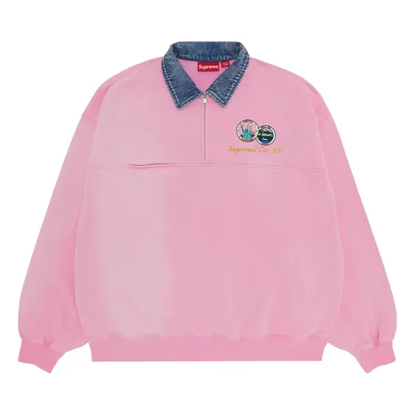 Supreme Denim Collar Half Zip Sweatshirt - Pink