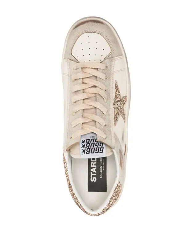 GOLDEN GOOSE Stardan Ecru Nappa Leather Sneakers With Gold Glitter