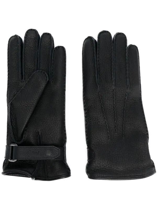 Brioni Grained Leather Gloves With Touch-strap Cuffs - Black