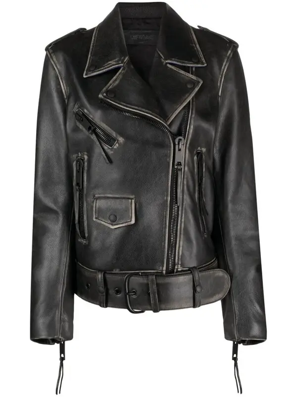 Off-White Faded-effect Leather Biker Jacket - Black
