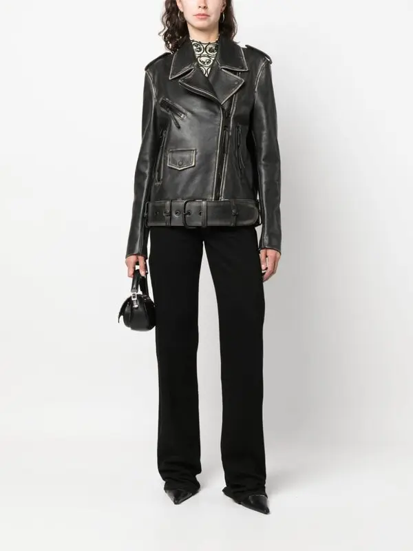 Off-White Faded-effect Leather Biker Jacket - Black