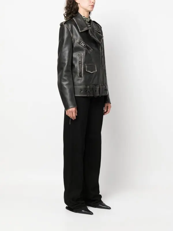 Off-White Faded-effect Leather Biker Jacket - Black