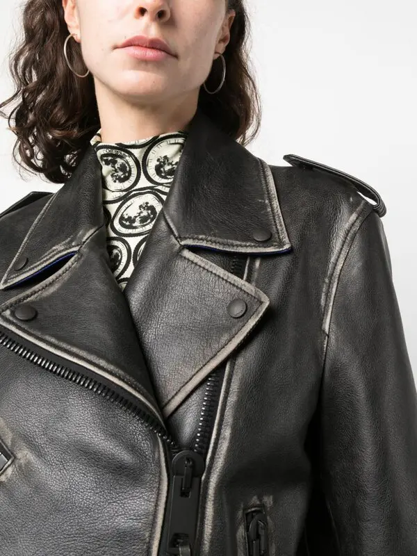 Off-White Faded-effect Leather Biker Jacket - Black