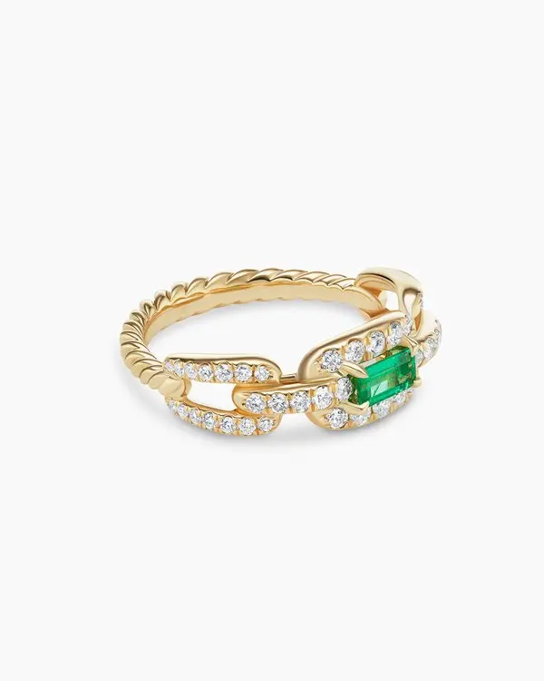 David Yurman 18k Yellow Gold Stax Chain Link Ring With Diamonds And - Emerald
