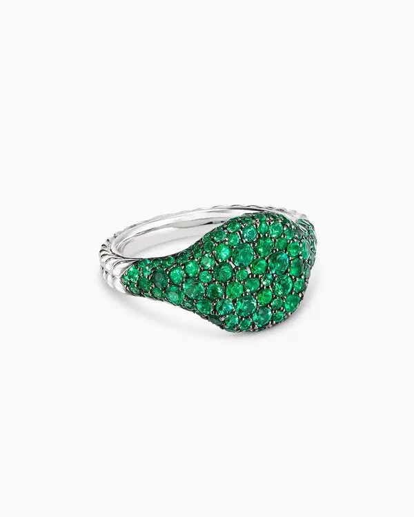 David Yurman 18k White Gold Pavé Pinky Ring - Emerald